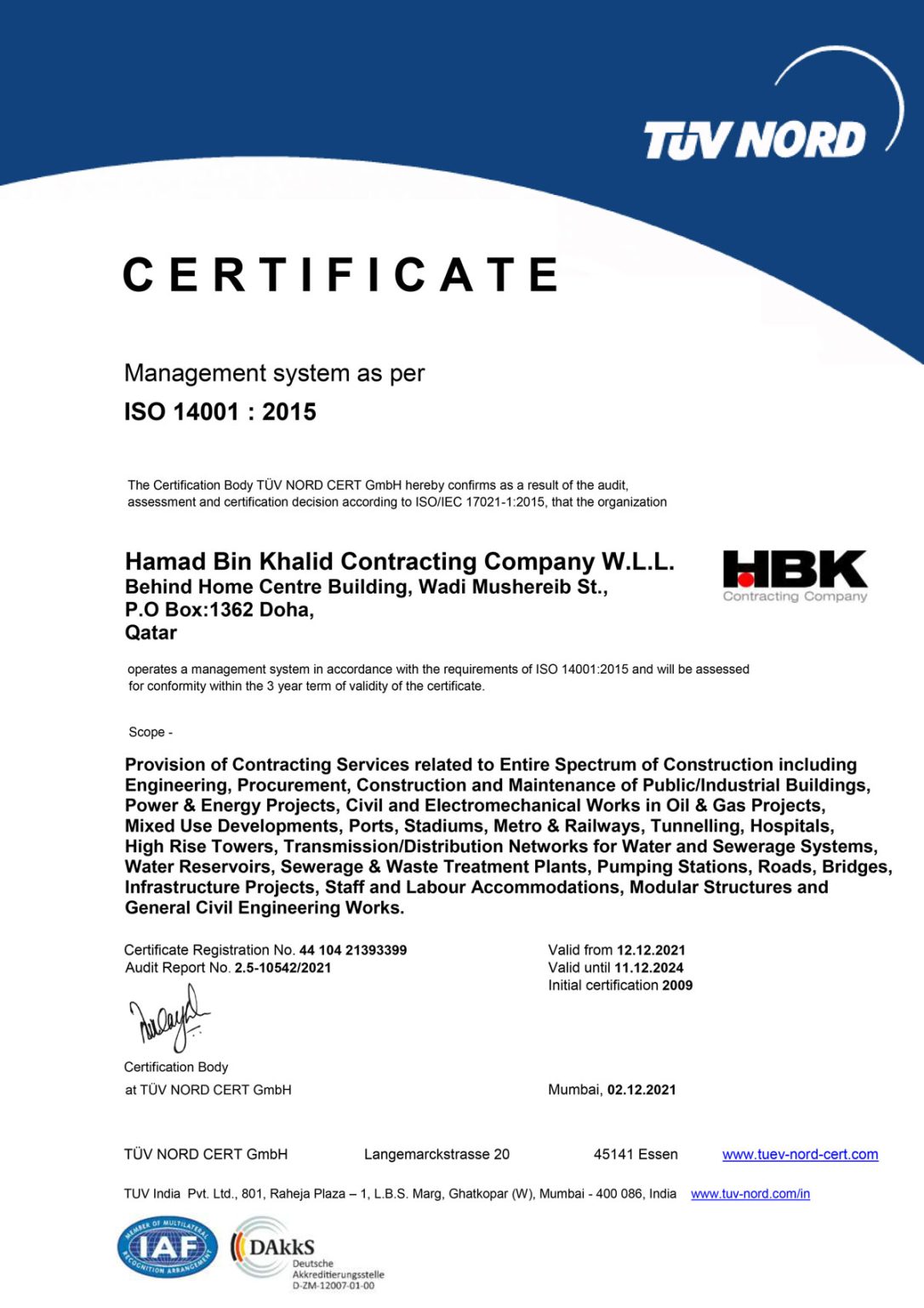 Certificates – HBK Contracting Co. W.L.L.