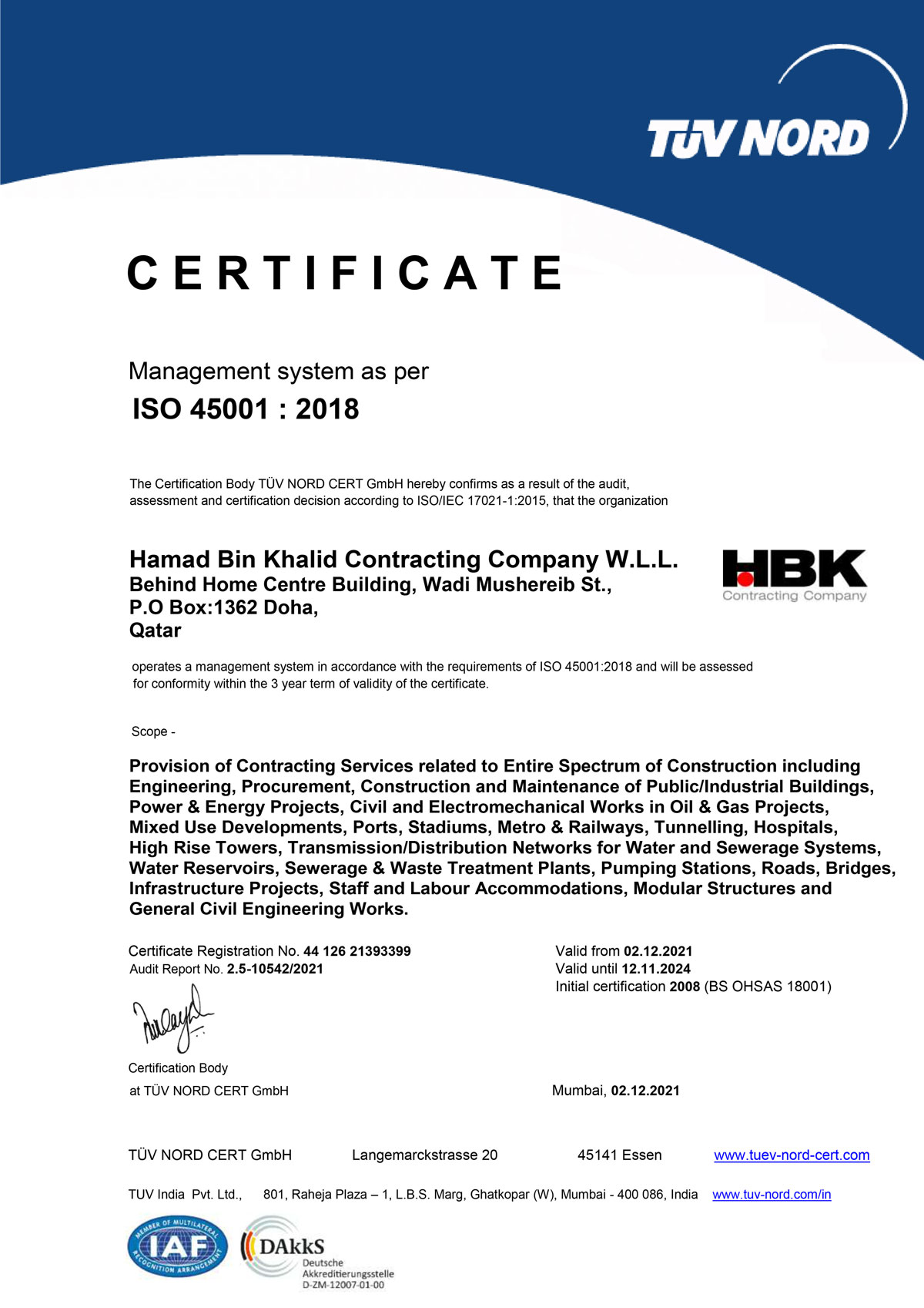 ISO 45001:2018 – HBK Contracting Co. W.L.L.